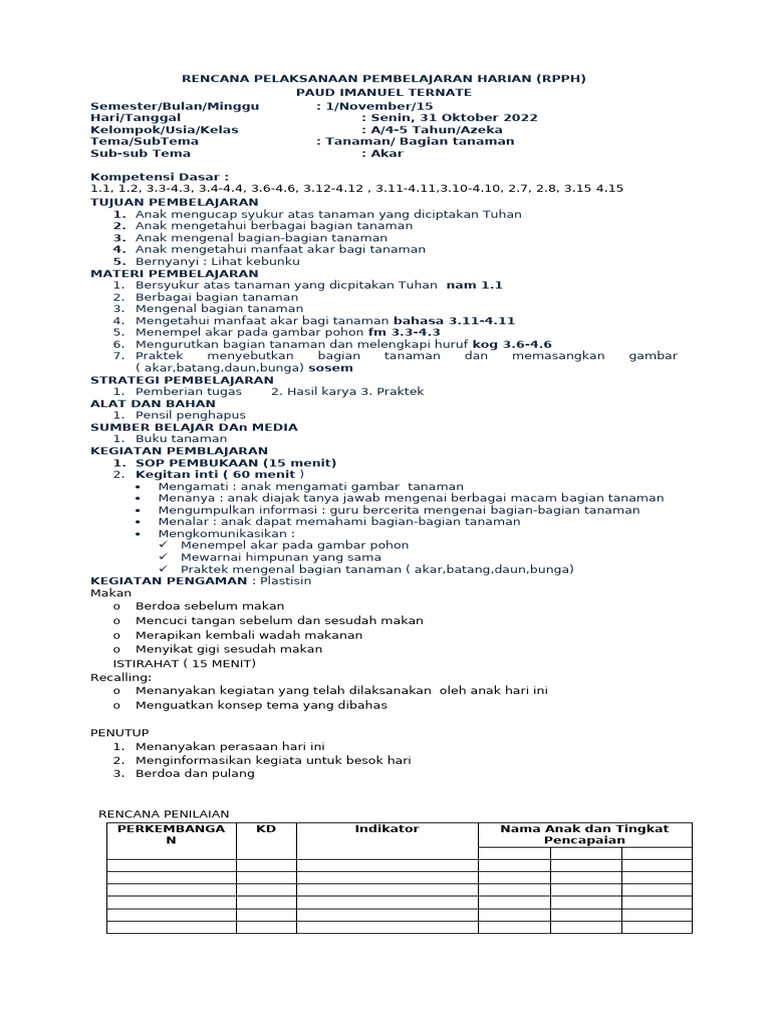RPPH Tema Tanaman untuk PAUD | PDF