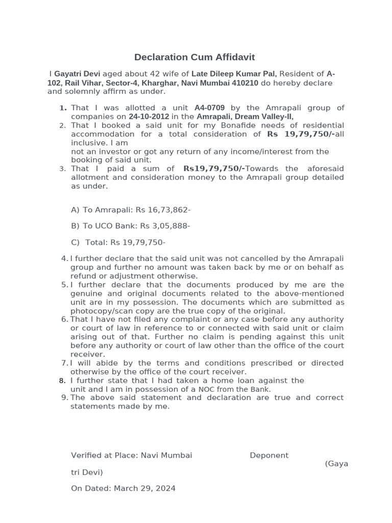 Declaration Cum Affidavit | PDF