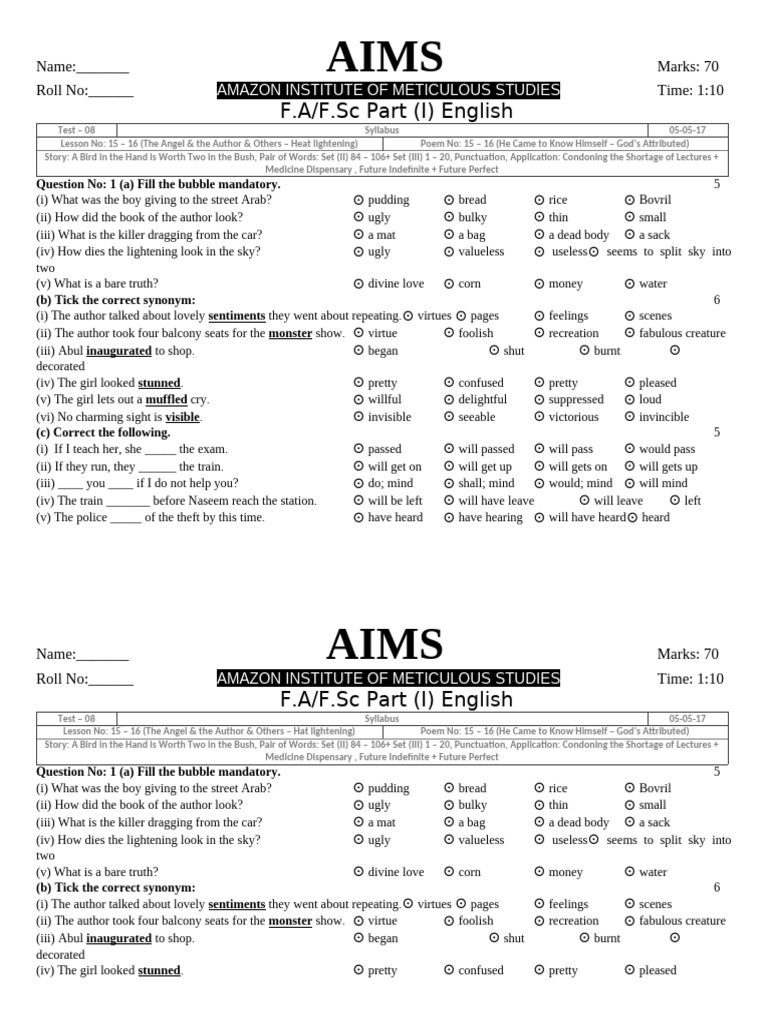 F.A F.SC Part (I) Test Test No 8 | PDF