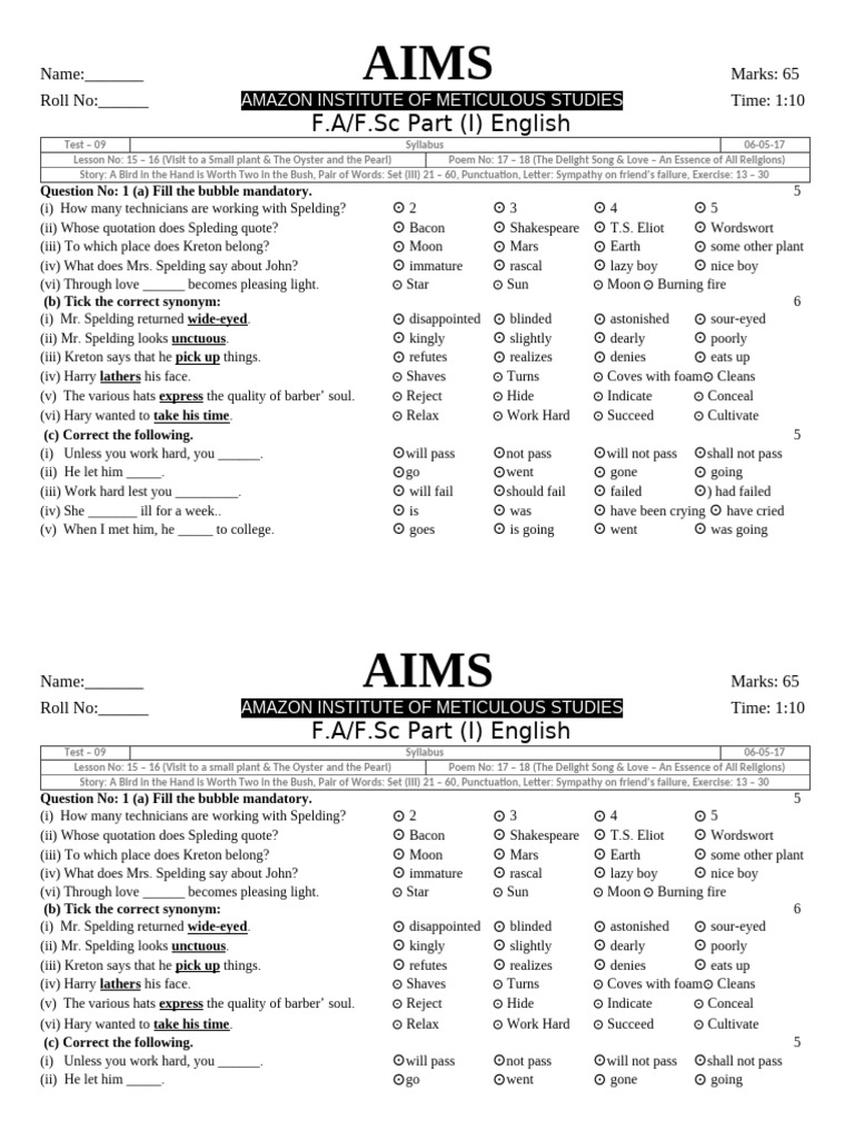 F.A F.SC Part (I) Test Test No 9 | PDF