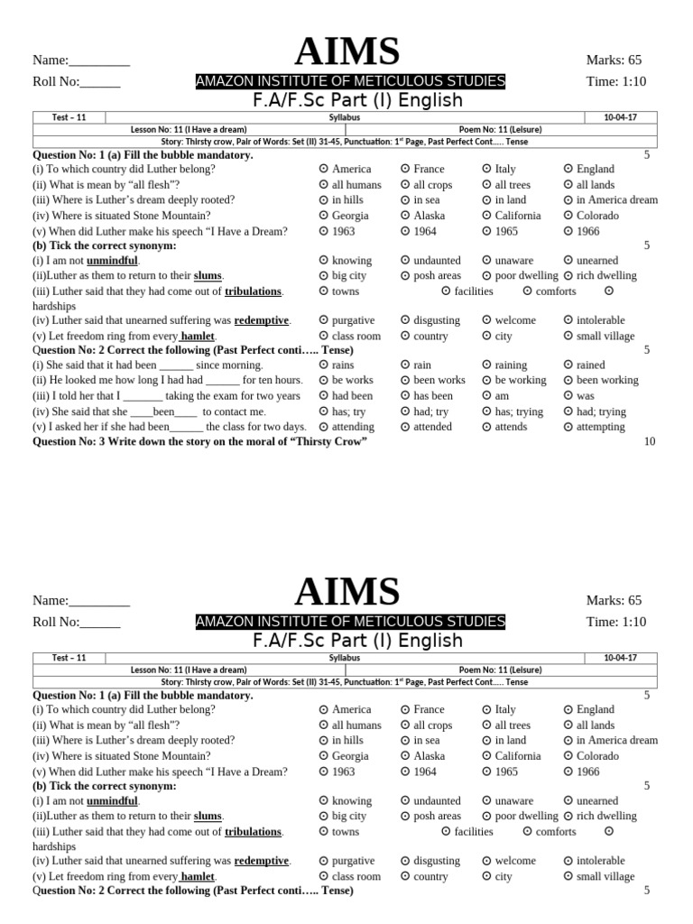F.A F.SC Part (I) Test No 11 | PDF