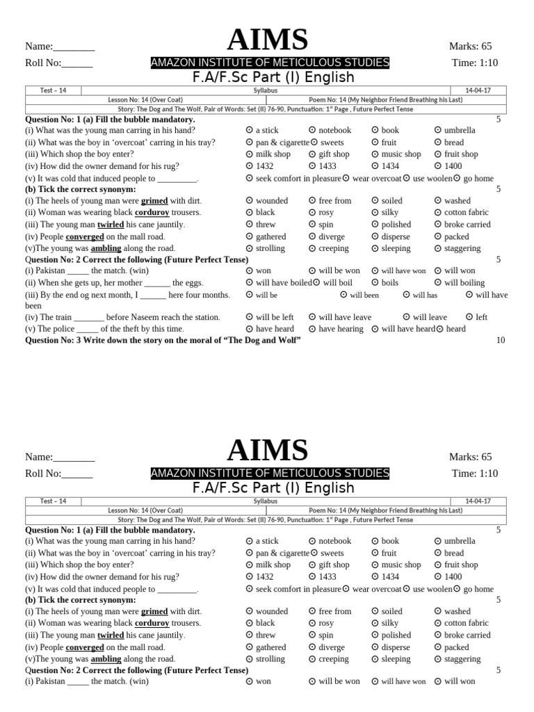 English Test Paper for F.A/F.Sc Part I | PDF