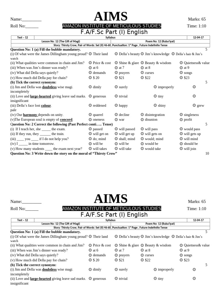 F.A F.Sc Part (I) Test No 12 | PDF