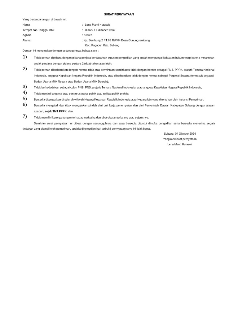 Lampiran IV Surat Pernyataan PPPK | PDF