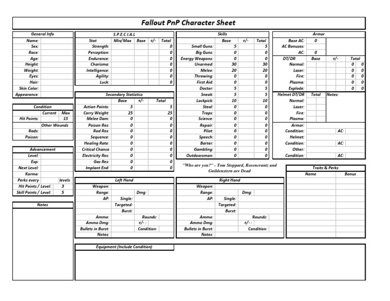 Fallout PNP Char Sheet (With Calculator) | PDF