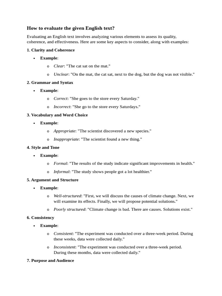 Evaluating English Text Quality Guide | PDF | Grammar | Syntax