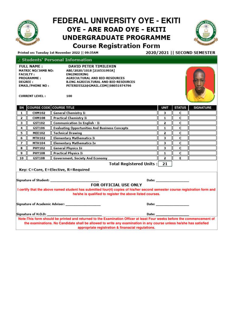 Course Registration Form-David Peter Timilehin - SECOND Semester 2020-2021 | PDF