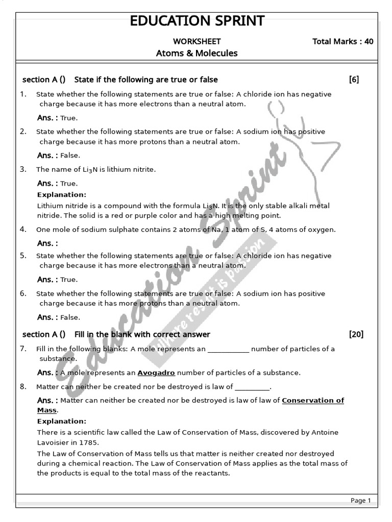 Atoms & Molecules Worksheet - Solution | PDF | Ion | Mole (Unit)