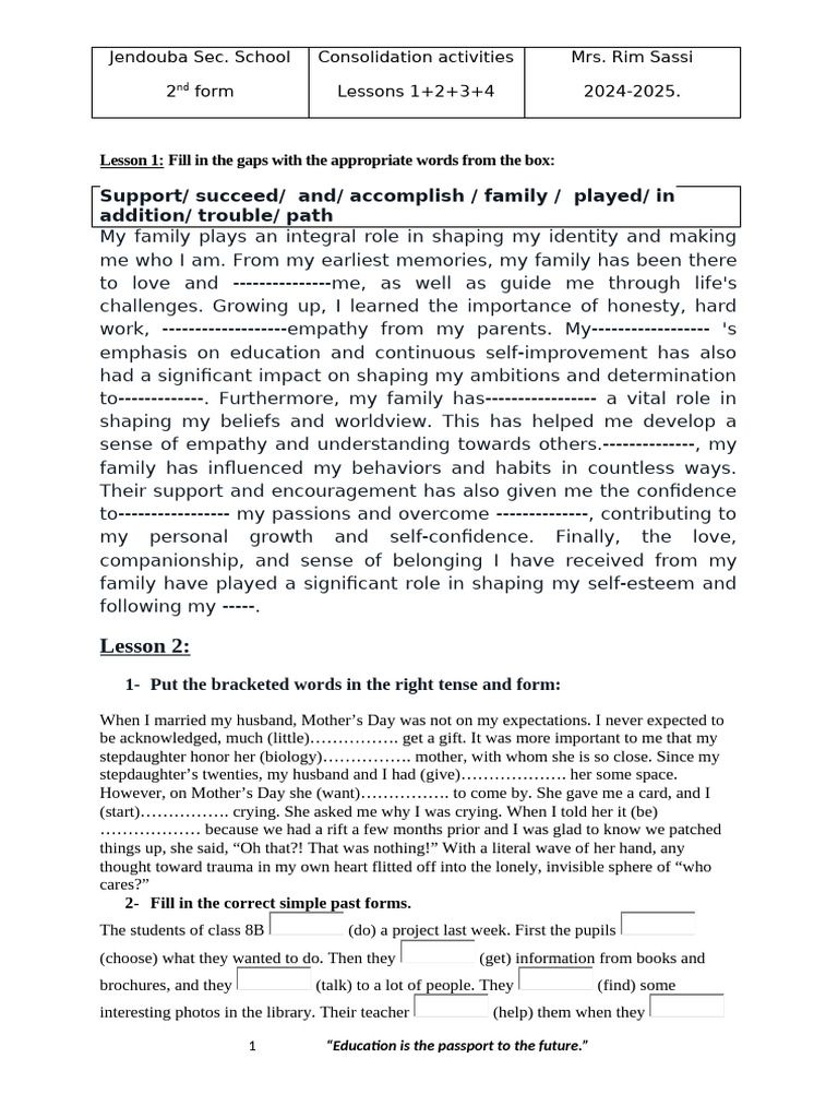 Consolidation Activities Lessons 1-4 | PDF | Social Psychology ...