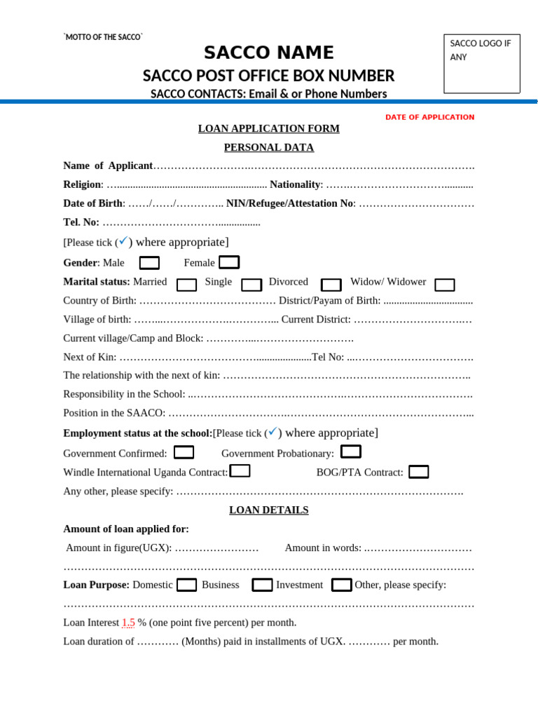 SACCO Loan Application Form | PDF | Loans | Banking