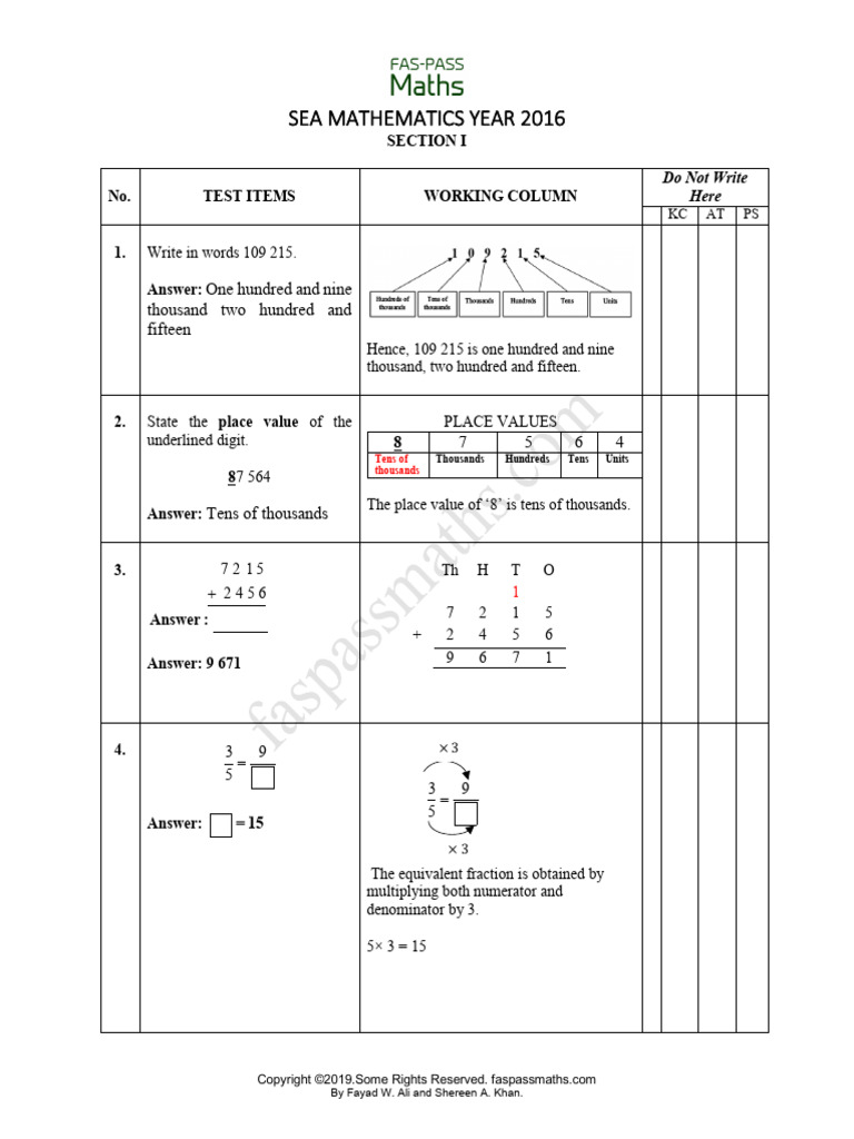 SEA Maths 2016 Past Paper Solutions | PDF | Mathematics