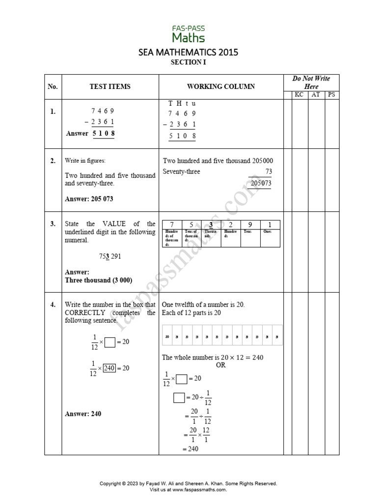 SEA Maths 2015 Past Paper Solutions | PDF | Mathematics
