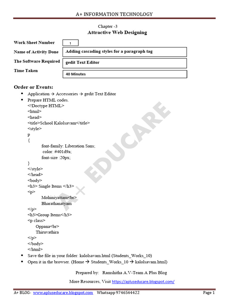 A+ Blog-Sslc-It-Chapter-3-Attractive Web Designing-Worksheet No-1 | PDF