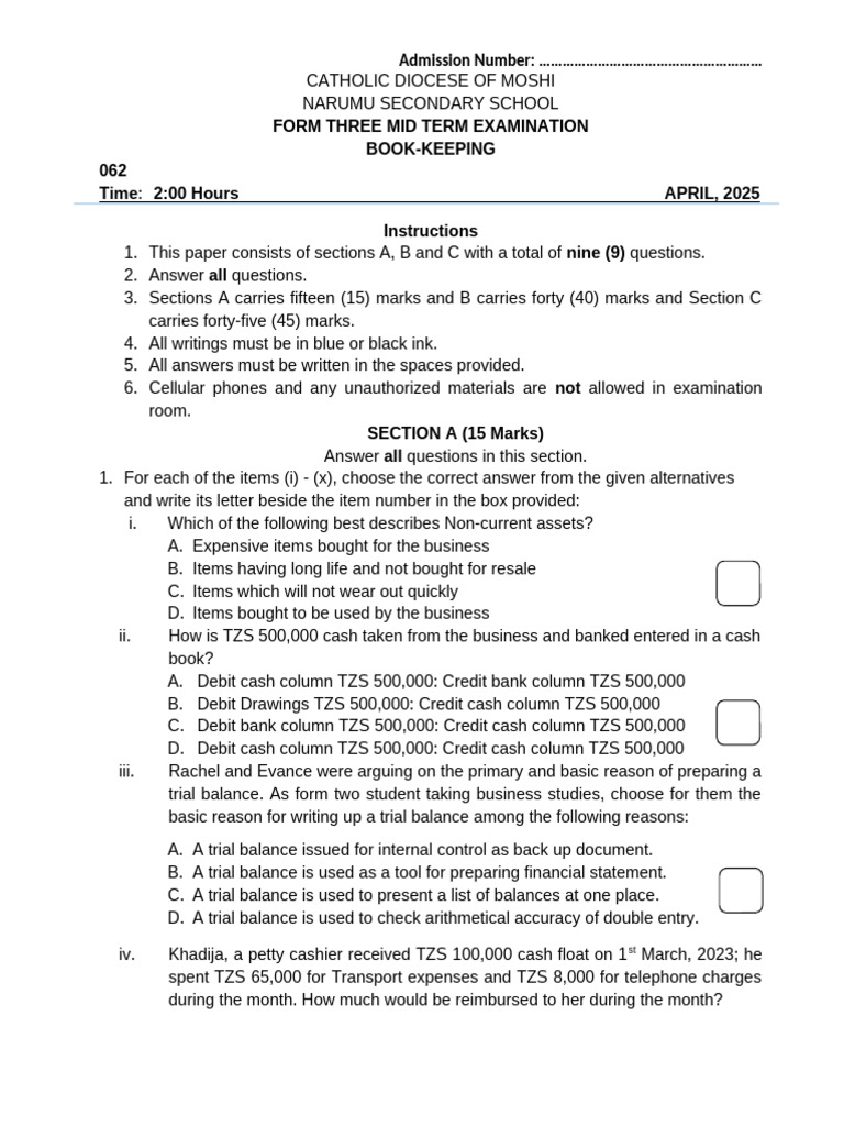 Form Three Bookkeeping Exam April 2025 | PDF | Bookkeeping | Debits And ...