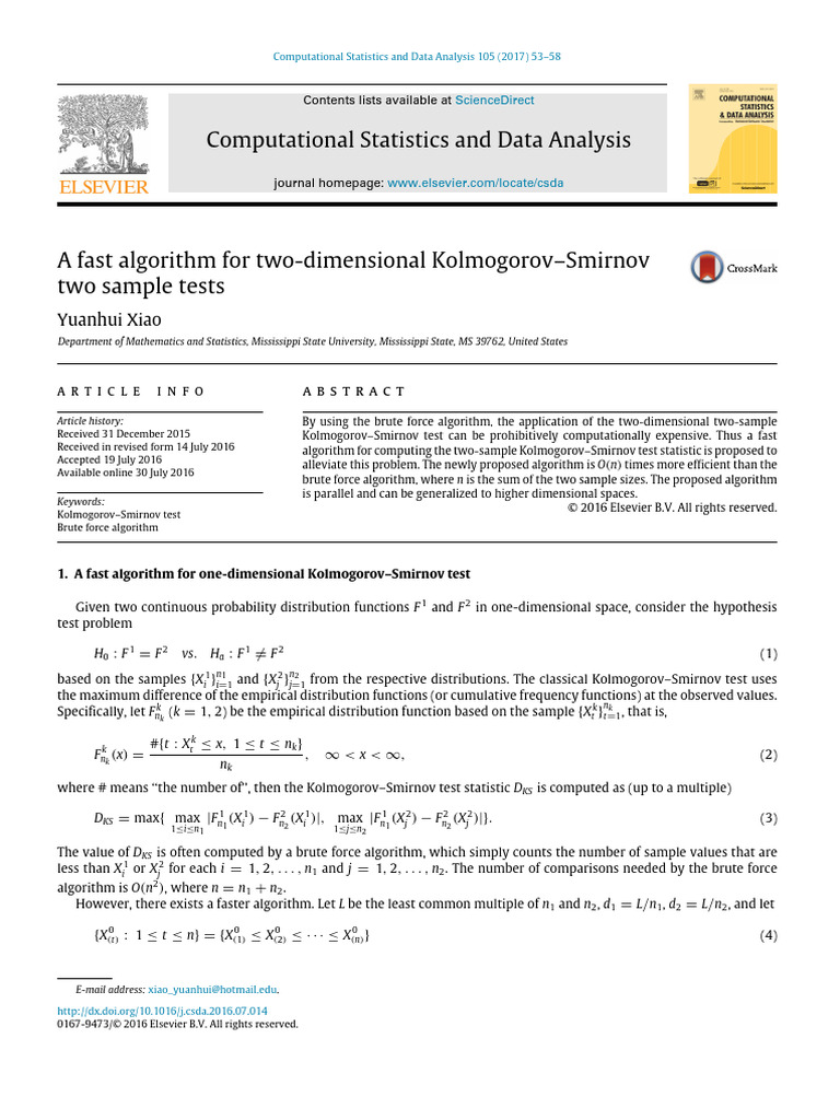 A Fast Algorithm For 2-D KS Two Sample Tests-Yuanhui Xiao | PDF ...