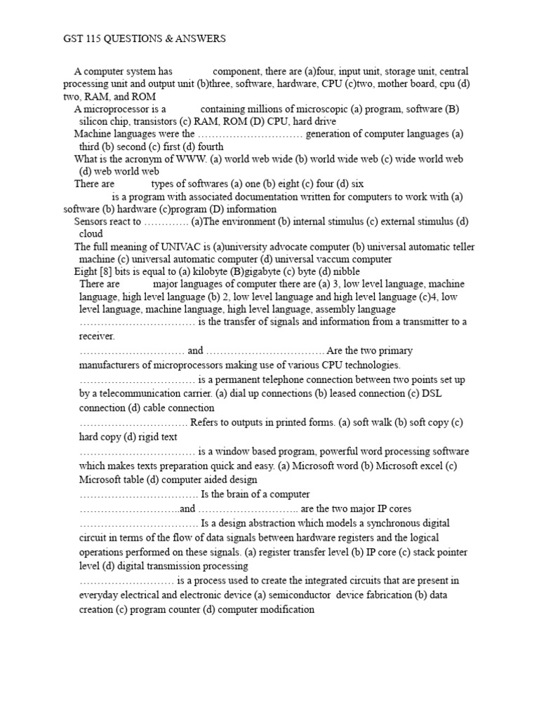 GST 115 Question and Answers | PDF | Random Access Memory | Computer Hardware