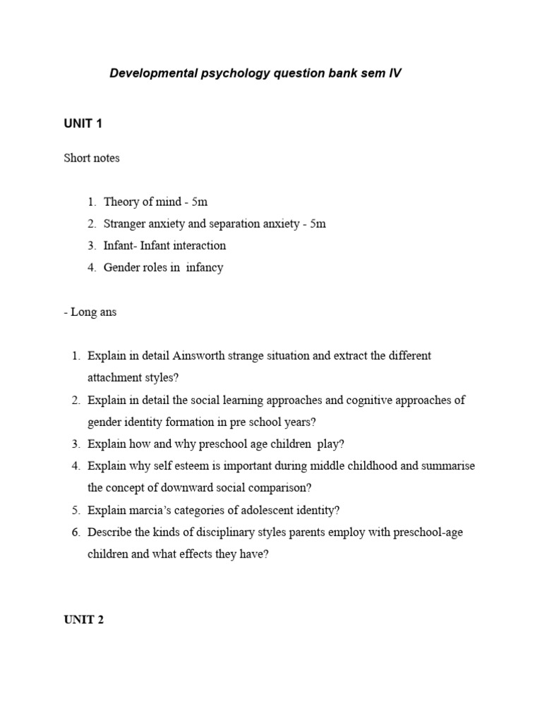Developmental Psychology Question Bank | PDF | Cognitive Development ...