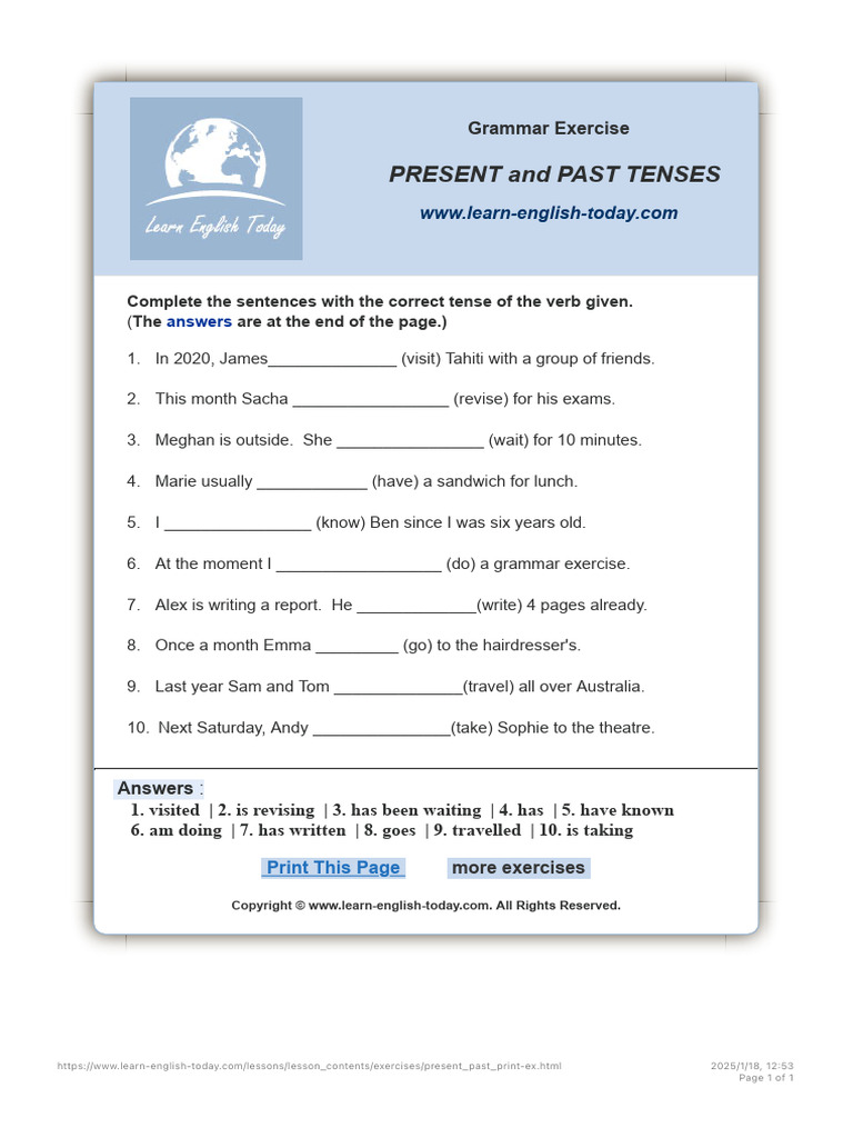 PRESENT and PAST TENSES - Printable Exercise - Learn English Today | PDF