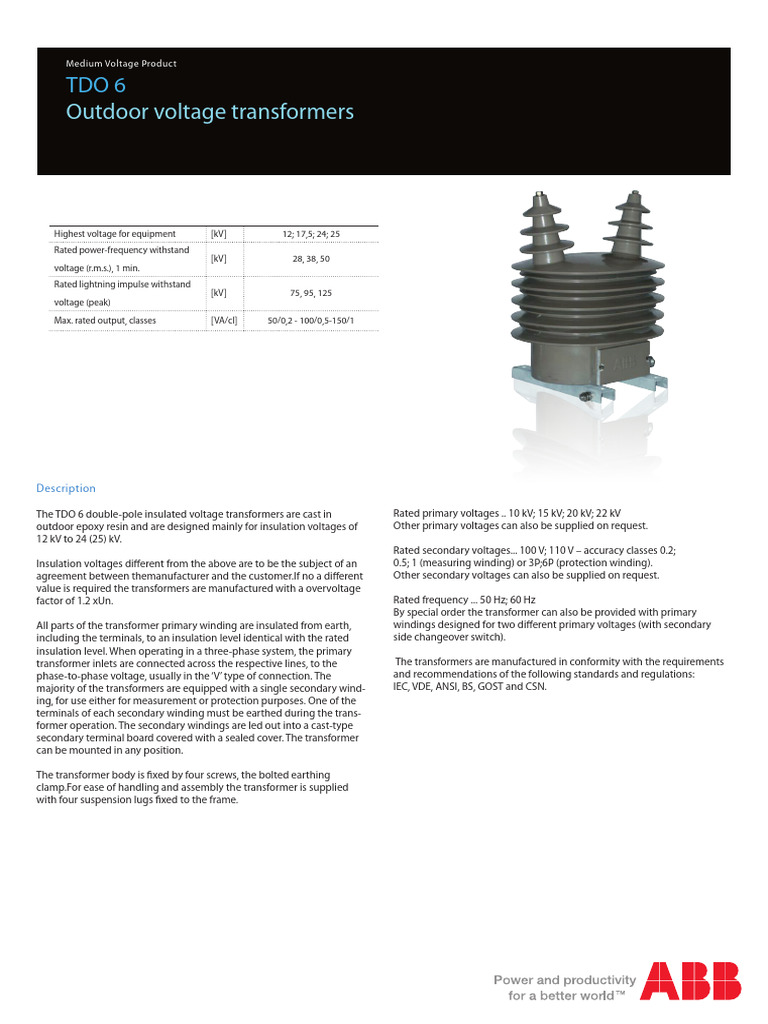 TDO 6 Outdoor Voltage Transformers | PDF | Transformer | Insulator ...