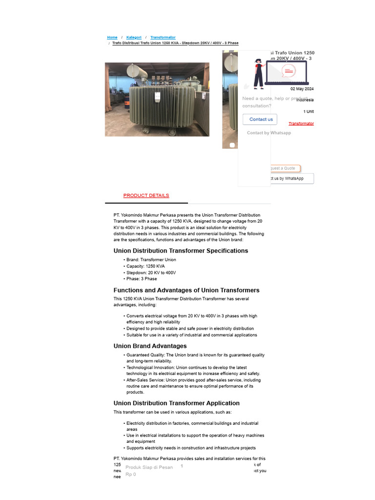 Sell Trafo Distribusi Trafo Union 1250 KVA - Stepdown 20KV _ 400V - 3 ...