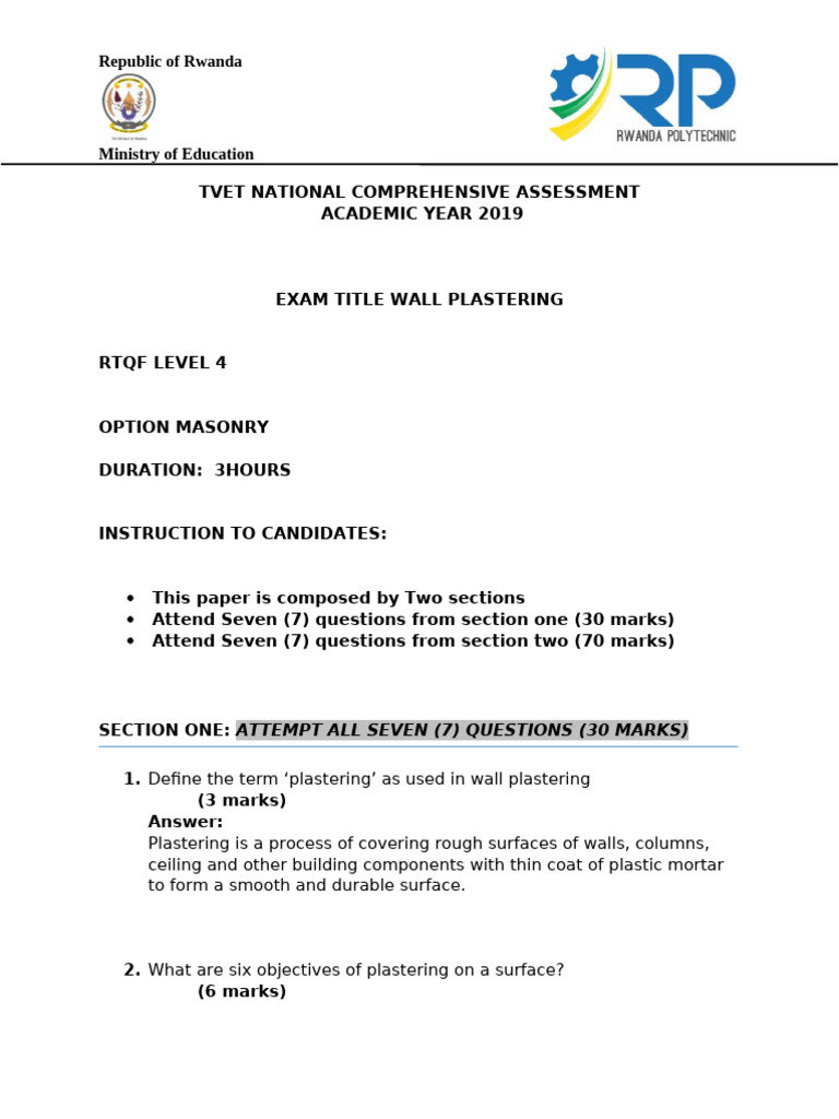 Wall Plastering Level 3 Masorny Term 3 Marking Scheme | PDF | Plaster ...