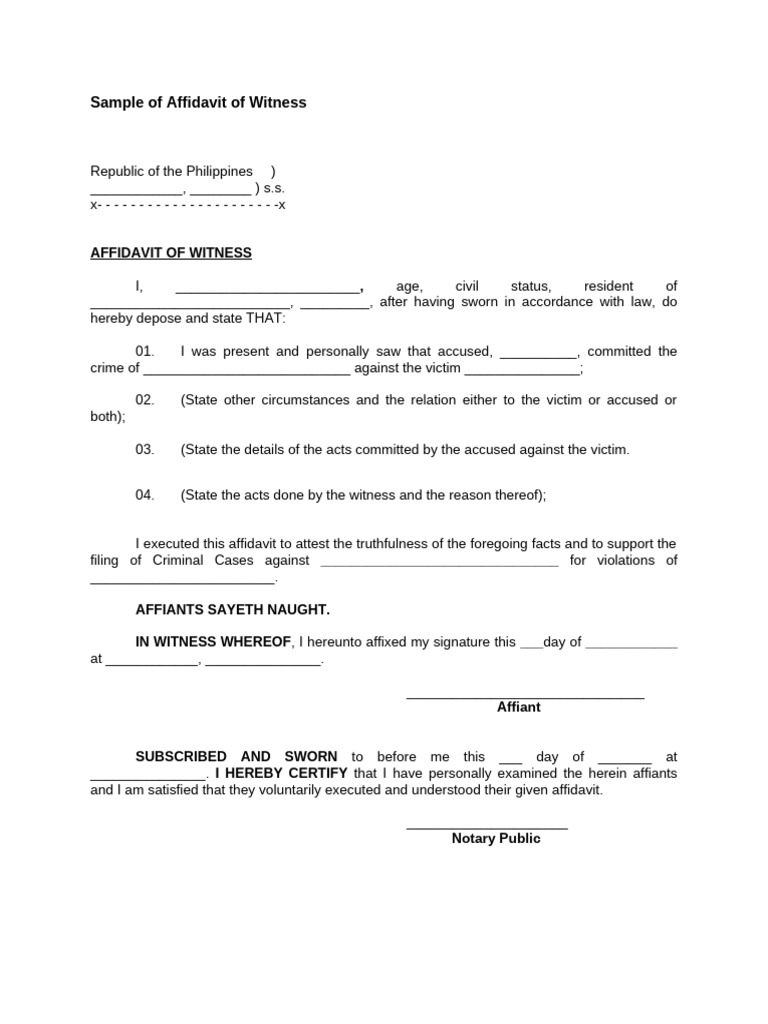 Affidavit of Witness Template Philippines | PDF