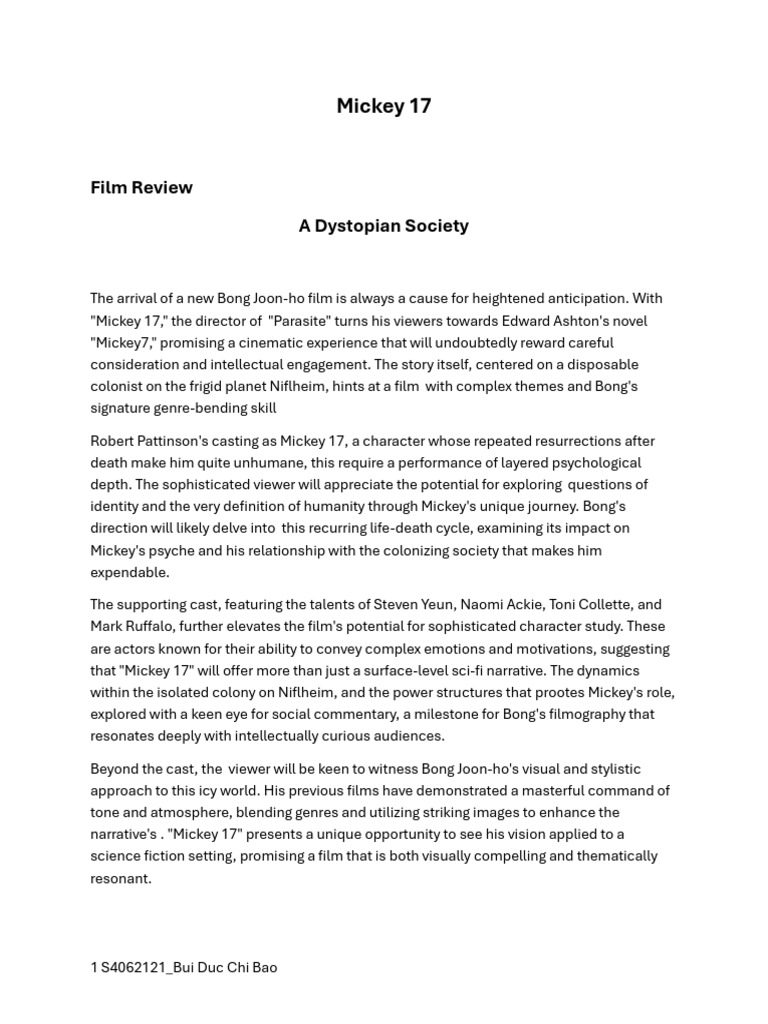 Mickey 17 Critical Analysis - Bui Duc Chi Bao - S4062121 | PDF