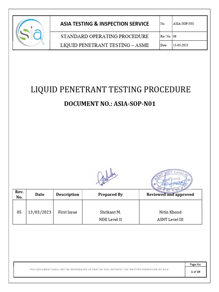 Liquid Penetrant Testing SOP - ASME | PDF | Nondestructive Testing ...