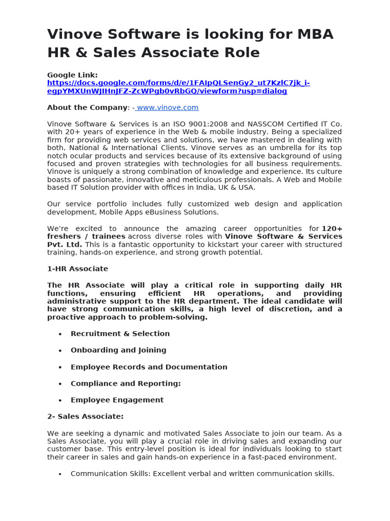 Vinove Software MBA HR & Sales Roles | PDF | Skill | Communication