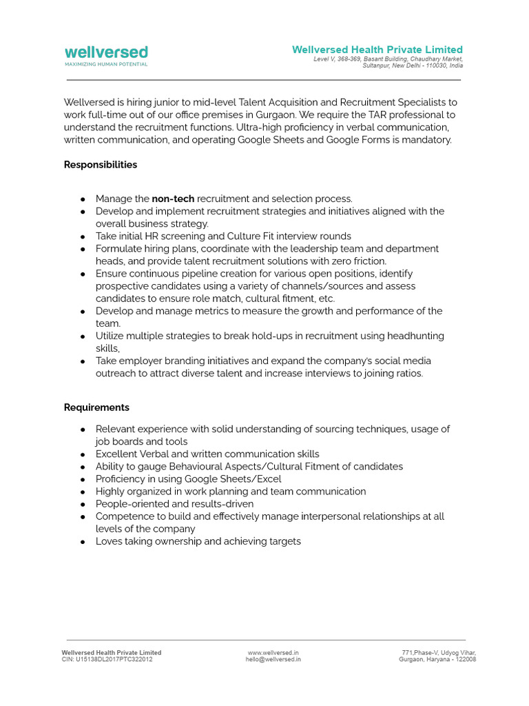 Talent Acquisition & Recruitment - JD - Wellversed | PDF | Recruitment ...