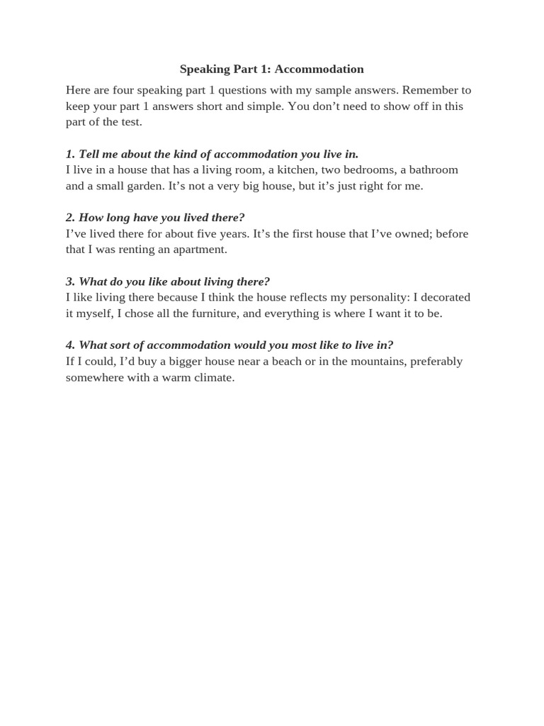 Accommodation Speaking Part 1 Tips | PDF