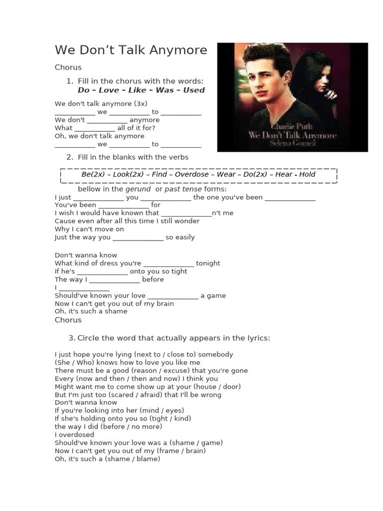 We Don't Talk Anymore Lyrics Activity | PDF | Languages | Foreign ...