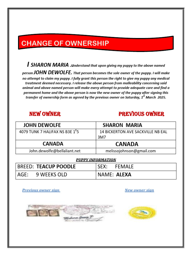 Change OF Ownership: Sharon Maria John Dewolfe | PDF