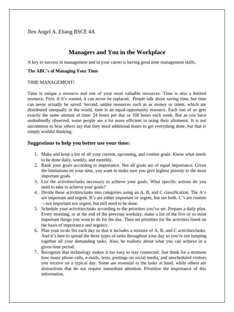 Eliang Jlen Angel A. Group 1 Managers and You in The Workplace | PDF | Skill | Time Management