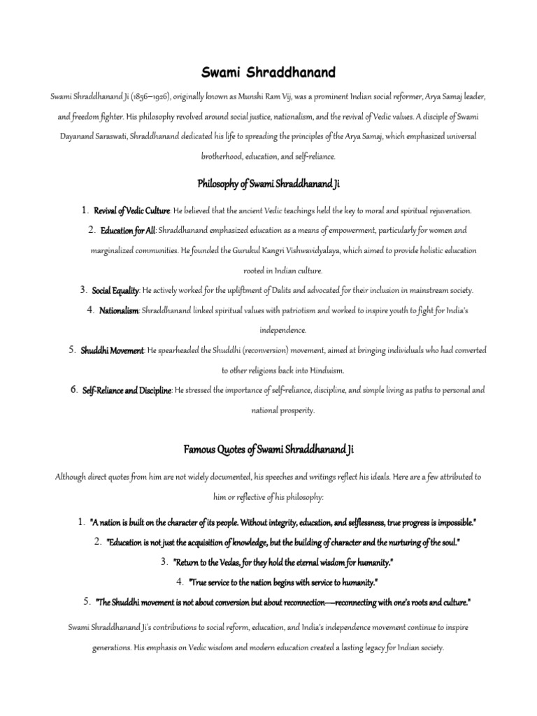 Swami Shraddhanand: Vedic Reformer and Leader | PDF | Indian Religions