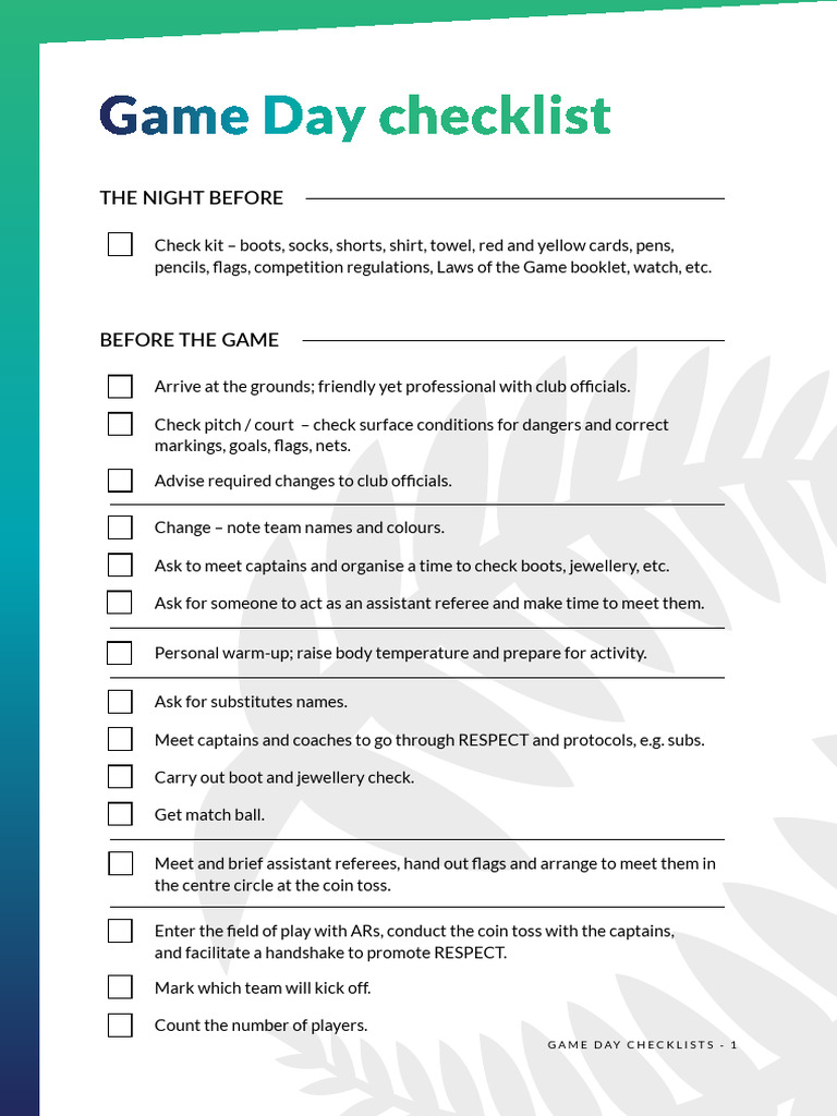 NZF Game Day Preparation Checklist | PDF