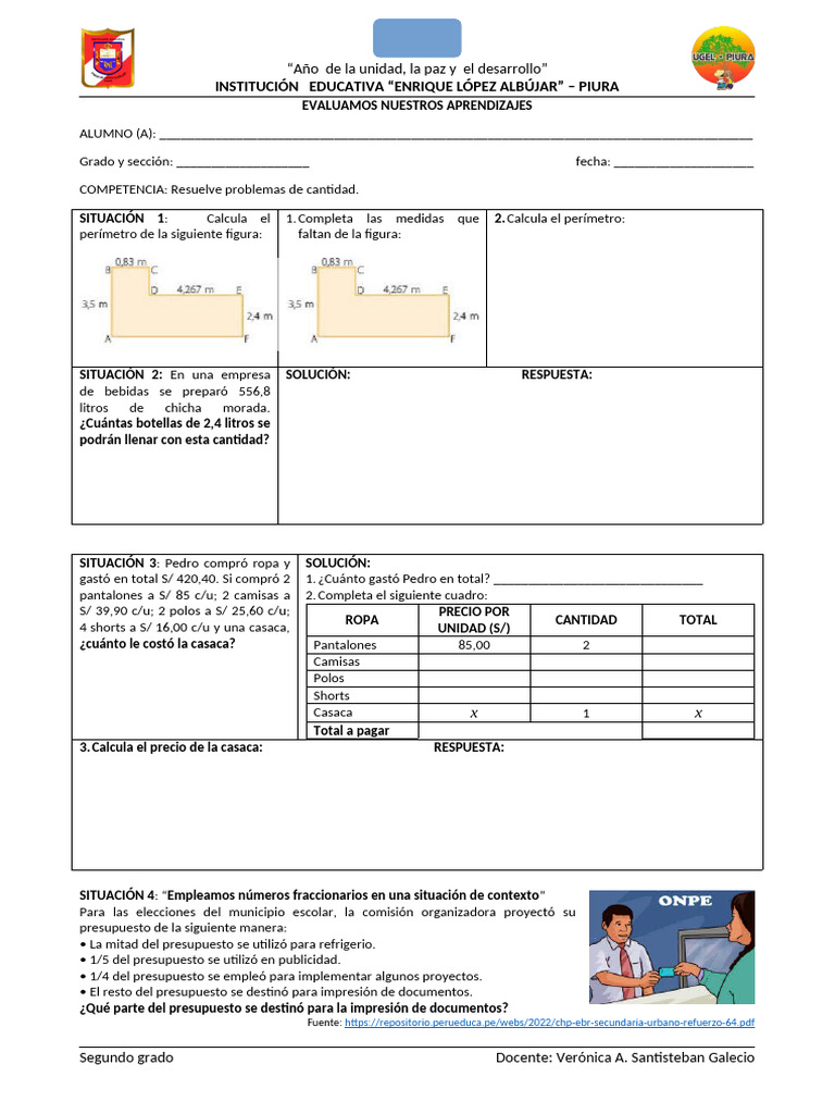 Ficha evaluación Mat2 C1-U3 | PDF | Presupuesto