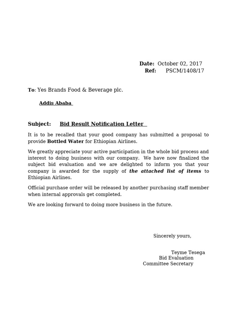 Bid Notification Letter | PDF