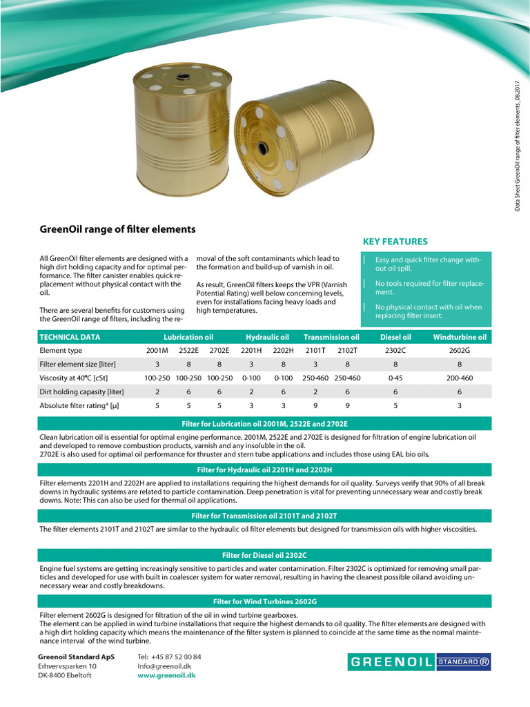 Data Sheet GreenOil Range of Filter Elements - 08.2017 | PDF