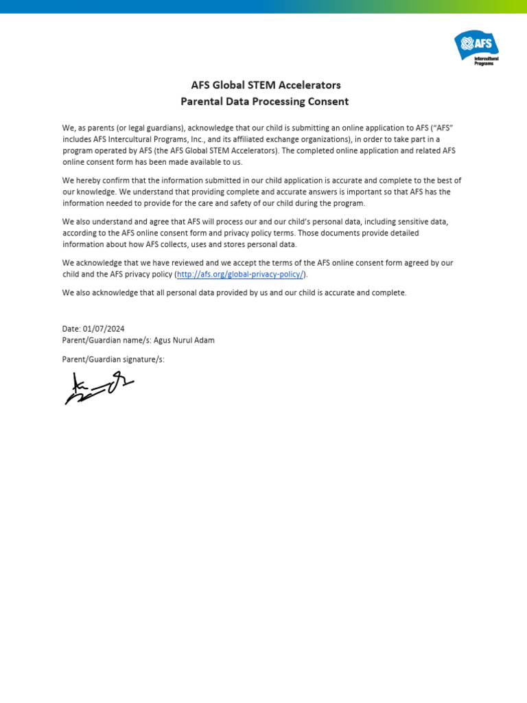 AFS Global STEM Accelerators Consent Form | PDF