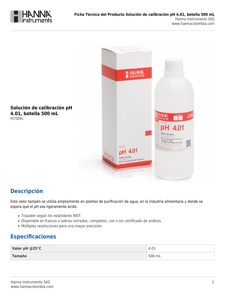 10 FT Solución de pH 4,01, 500 mL. ccertificado | PDF | Calibración