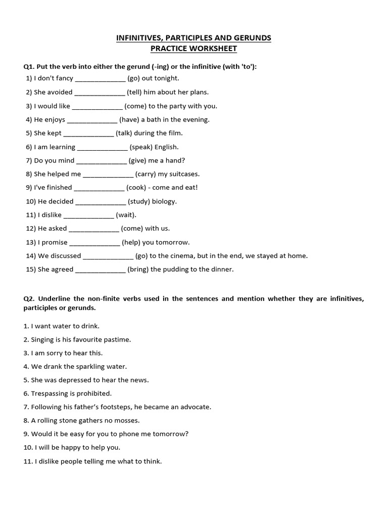 Infinitives, Participles & Gerunds - Worksheet | PDF | Adverb | Verb