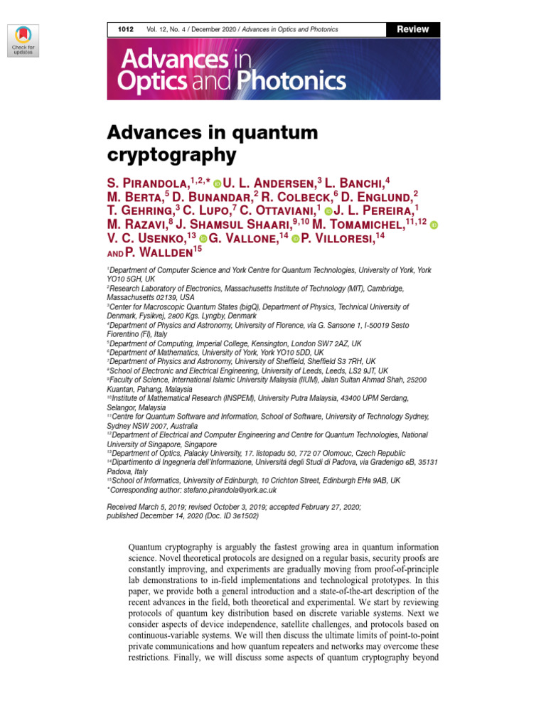 Advances in Quantum Cryptography | PDF | Encryption | Quantum Computing
