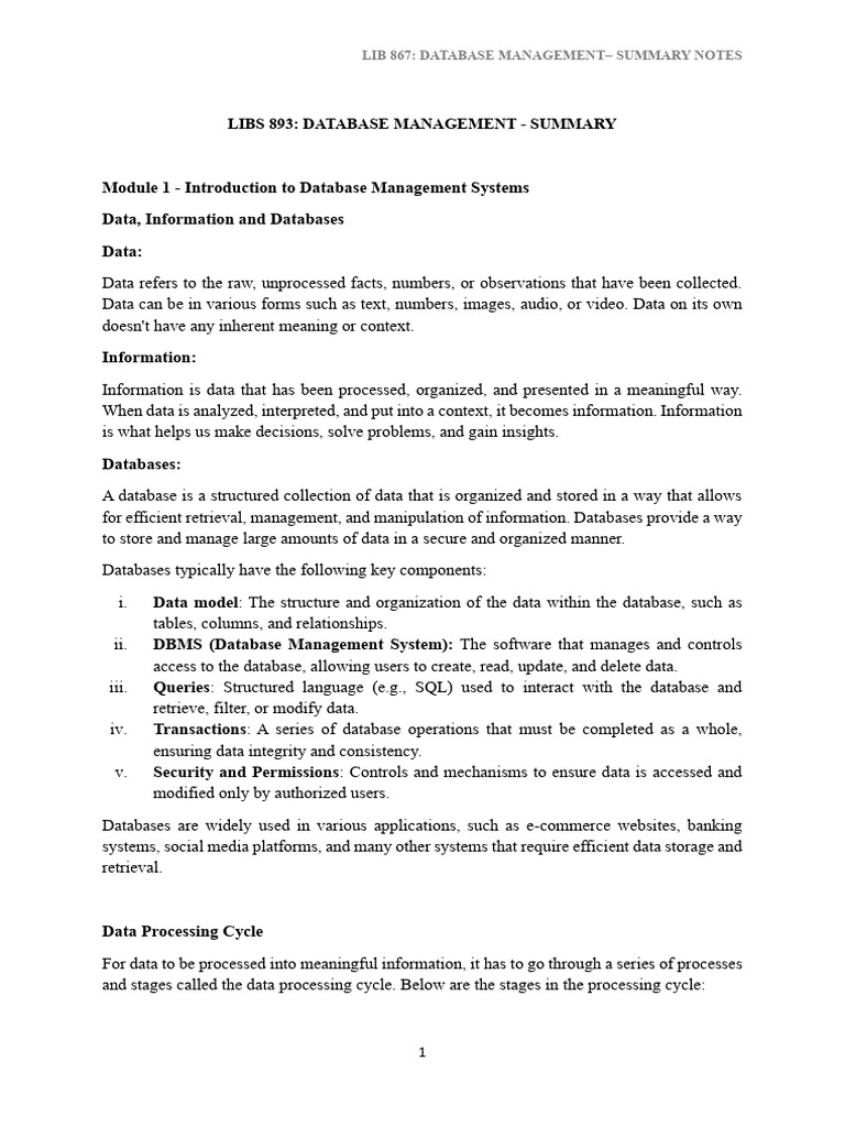Summary For LIB 867 - Database Management | PDF | Relational Model | Relational Database