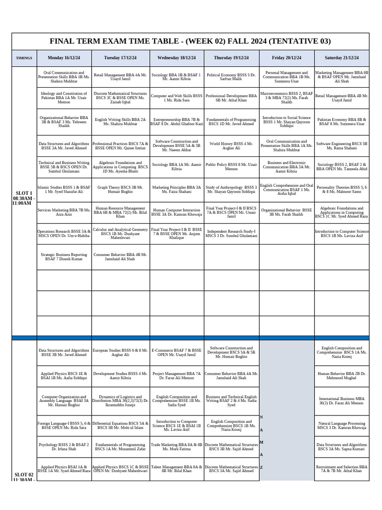Final Term Exam Timetable FALL 2024 (TENTATIVE) 2 | PDF