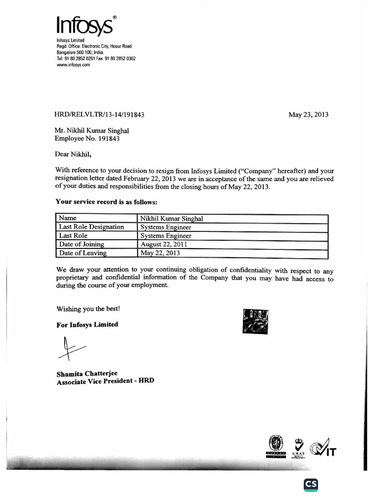 Infosys Experience Letter (1) | PDF