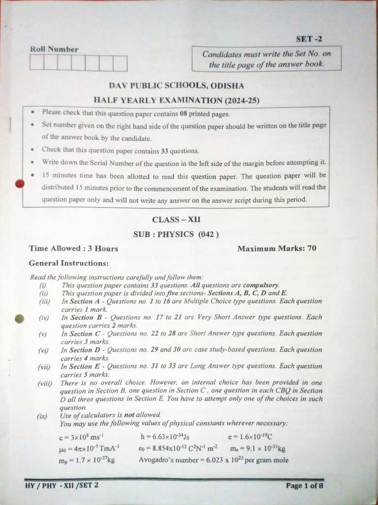 Xii QP Phy Set 2 Hy 2024 25 | PDF