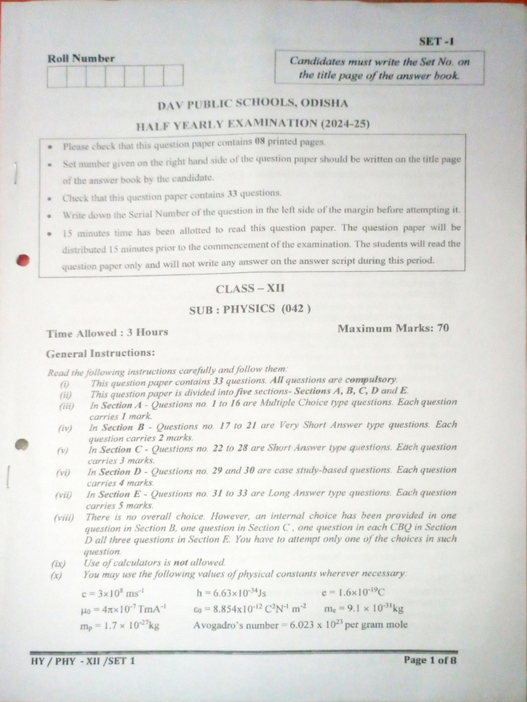 XII-QP-PHY-SET-1-HY-2024-25 | PDF