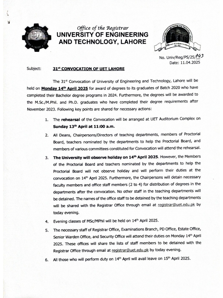 31st Convocation of UET, Lahore | PDF