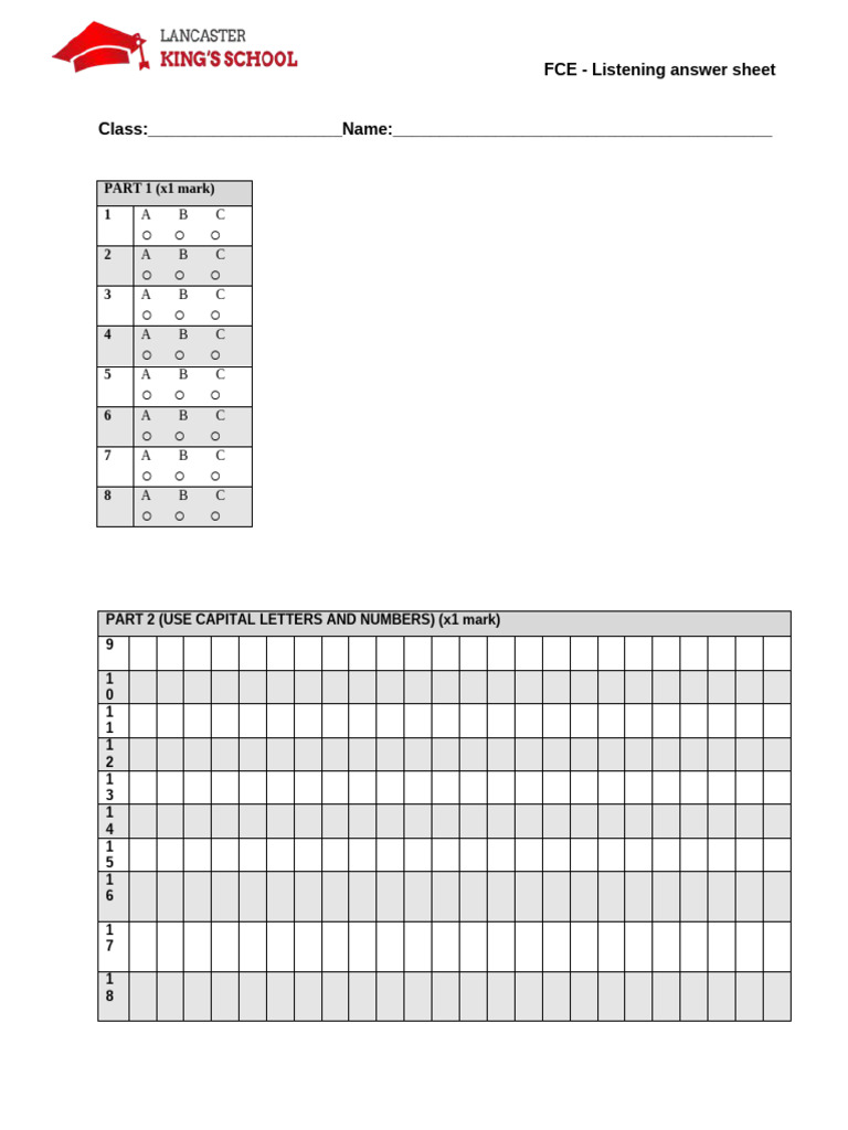 FCE listening answer sheet | PDF